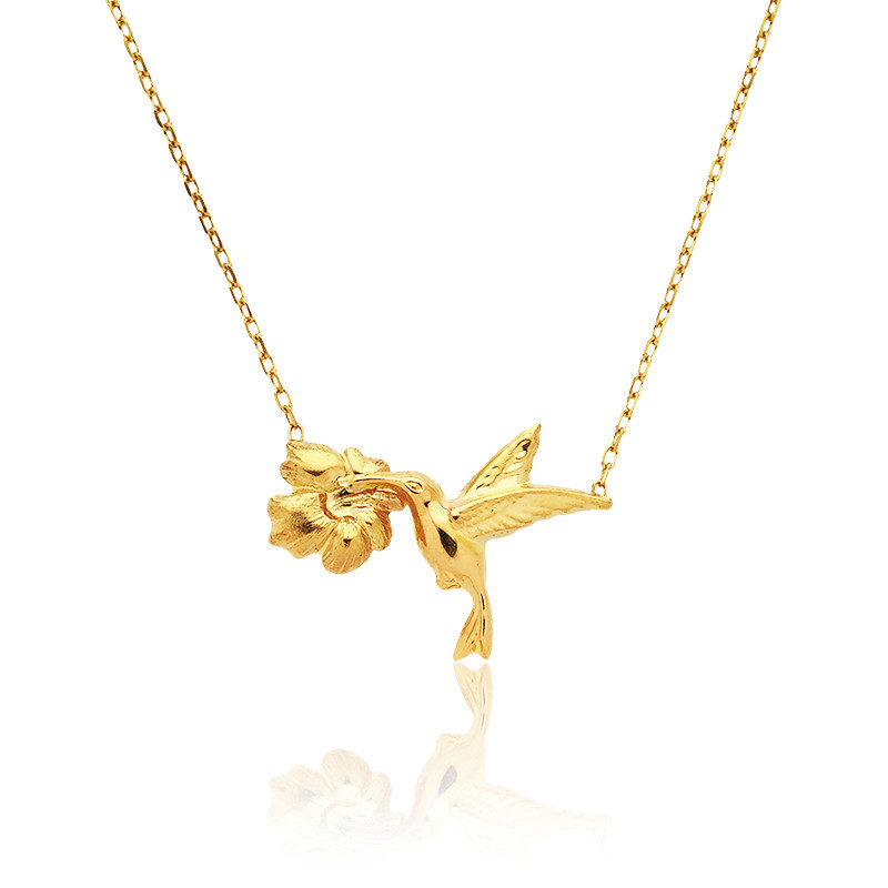 Collier Colibri & Hibiscus, Or jaune 750 - Rosatella